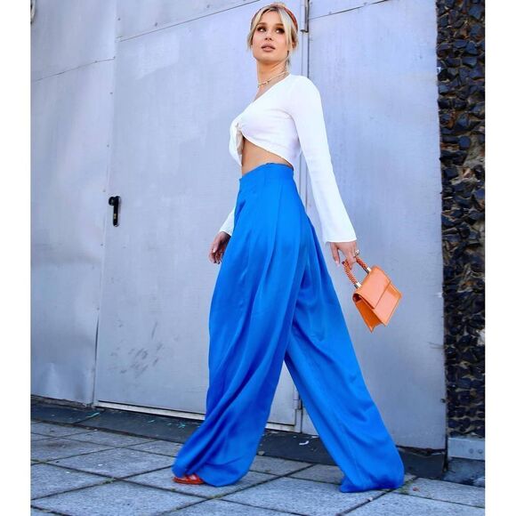 Zara | Pants & Jumpsuits | Zara Fulllength Satin Effectpantsoceanblue ...